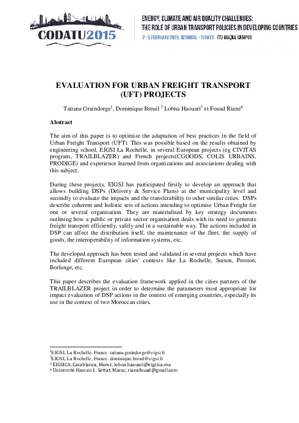 (PDF) Evaluation for Urban Freight Transport (Uft) Projects