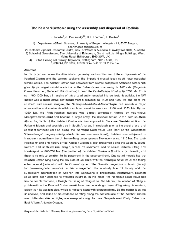 (PDF) The Kalahari Craton during the assembly and dispersal of Rodinia