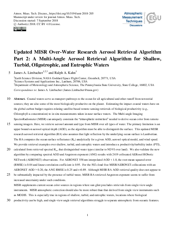 Pdf Updated Misr Over Water Research Aerosol Retrieval Algorithm Part