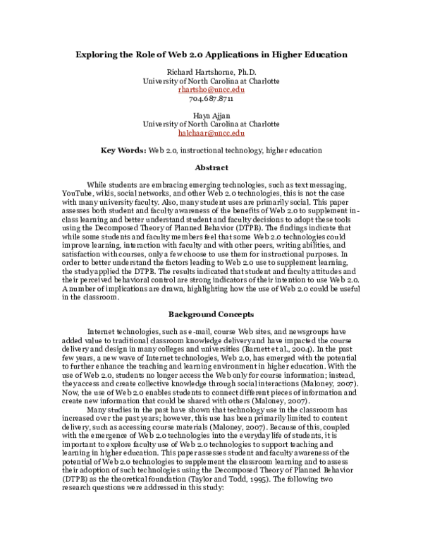 Pdf Exploring The Role Of Web 2 0 Applications In Higher Education