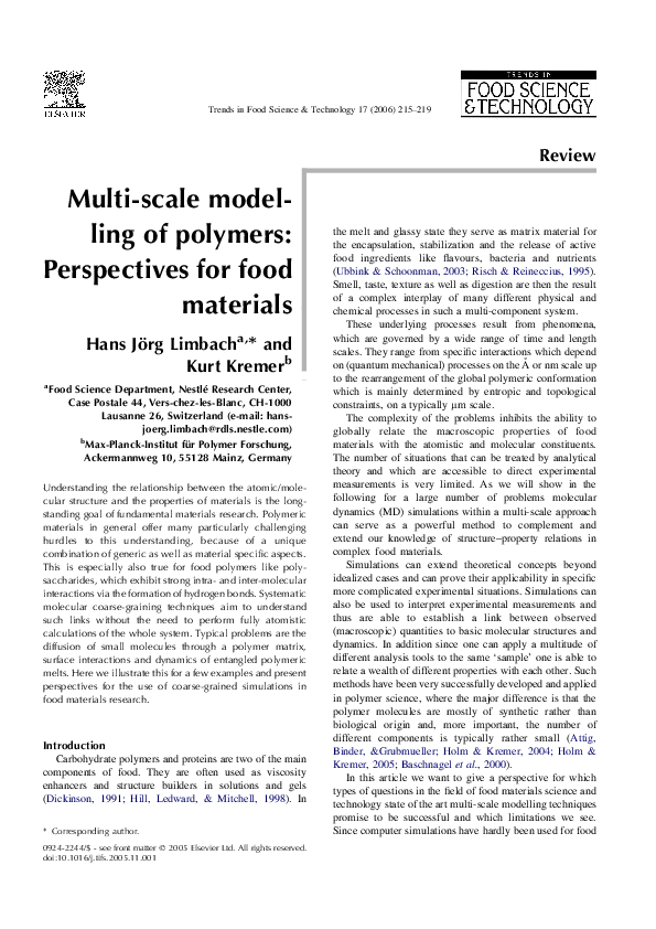 (PDF) Multi-scale modelling of polymers: Perspectives for food materials