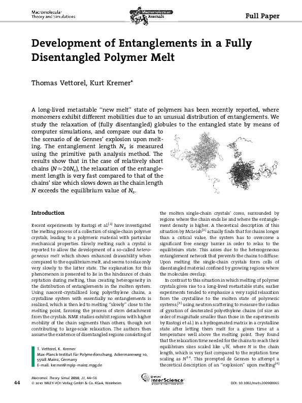 (PDF) Development of Entanglements in a Fully Disentangled Polymer Melt