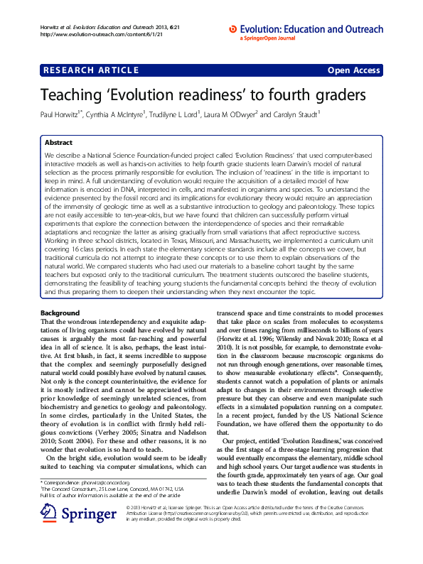 (PDF) Teaching ‘Evolution readiness’ to fourth graders