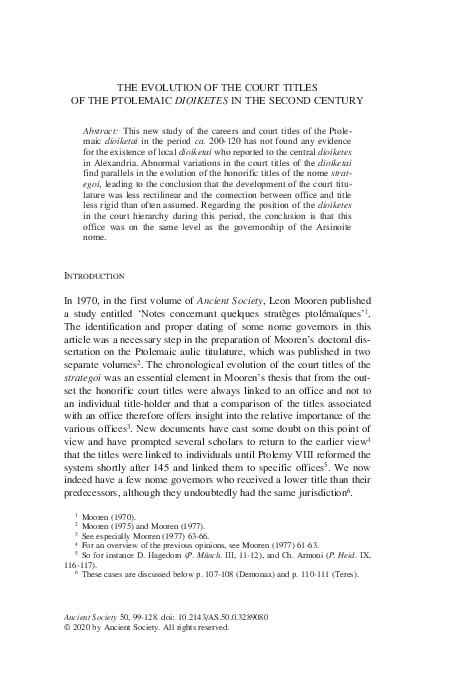 (PDF) The Evolution of the Court Titles of the Ptolemaic Dioiketes in ...