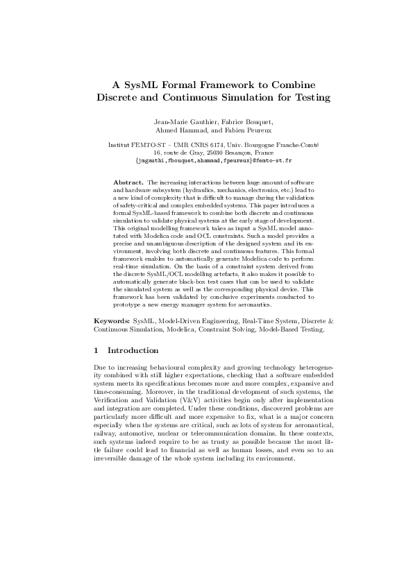 Pdf A Sysml Formal Framework To Combine Discrete And Continuous Simulation For Testing