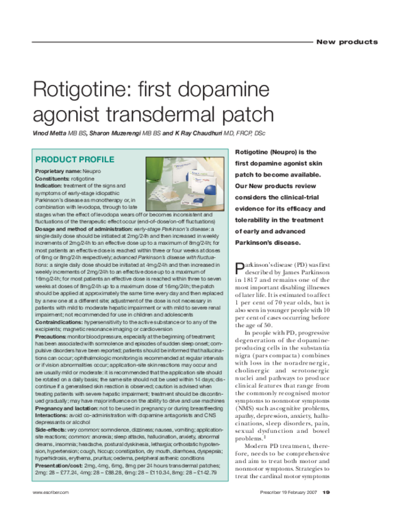(PDF) Rotigotine: first dopamine agonist transdermal patch