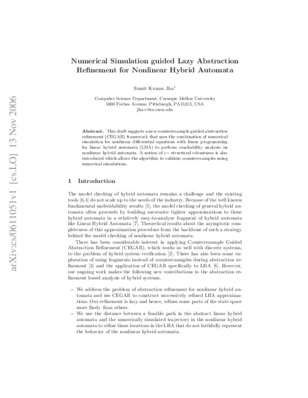 (PDF) Numerical Simulation Guided Lazy Abstraction Refinement for Nonlinear Hybrid Automata ...