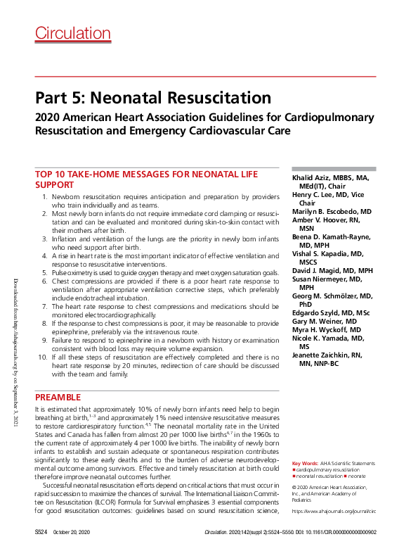 (PDF) Part 5: Neonatal Resuscitation: 2020 American Heart Association Guidelines for ...