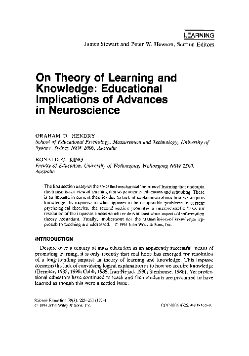 (PDF) On theory of learning and knowledge: Educational implications of ...