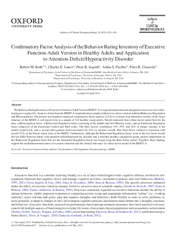 (PDF) Confirmatory Factor Analysis of the Behavior Rating Inventory of Executive Function-Adult ...