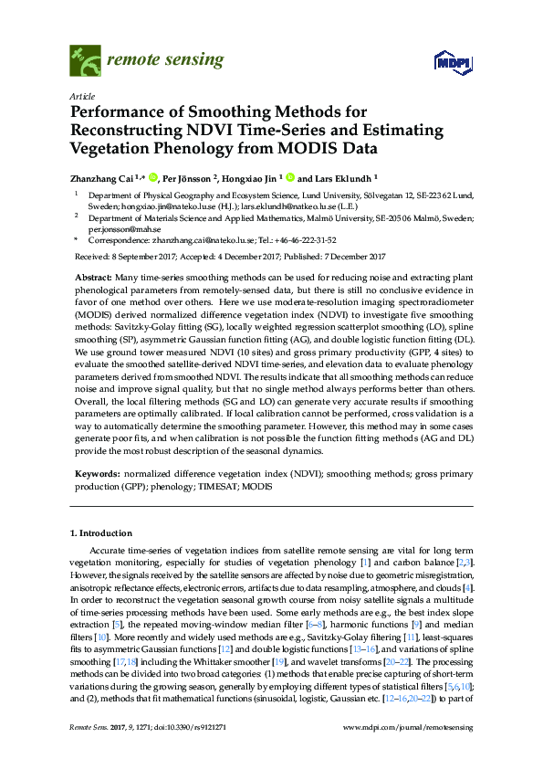 (PDF) Performance of Smoothing Methods for Reconstructing NDVI Time-Series and Estimating ...