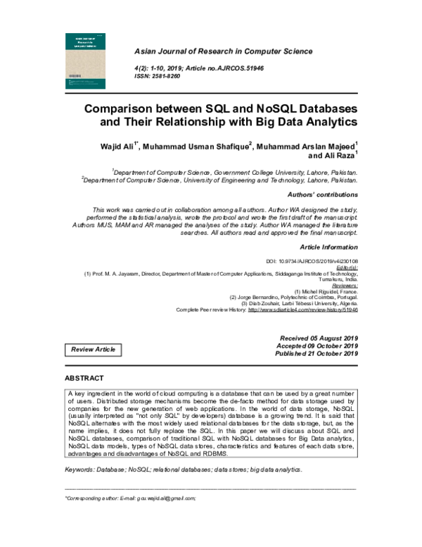 Pdf Comparison Between Sql And Nosql Databases And Their Relationship With Big Data Analytics