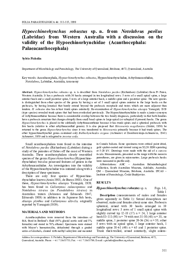 (PDF) Hypoechinorhynchus robustus sp. n. from Notolabrus parilus ...