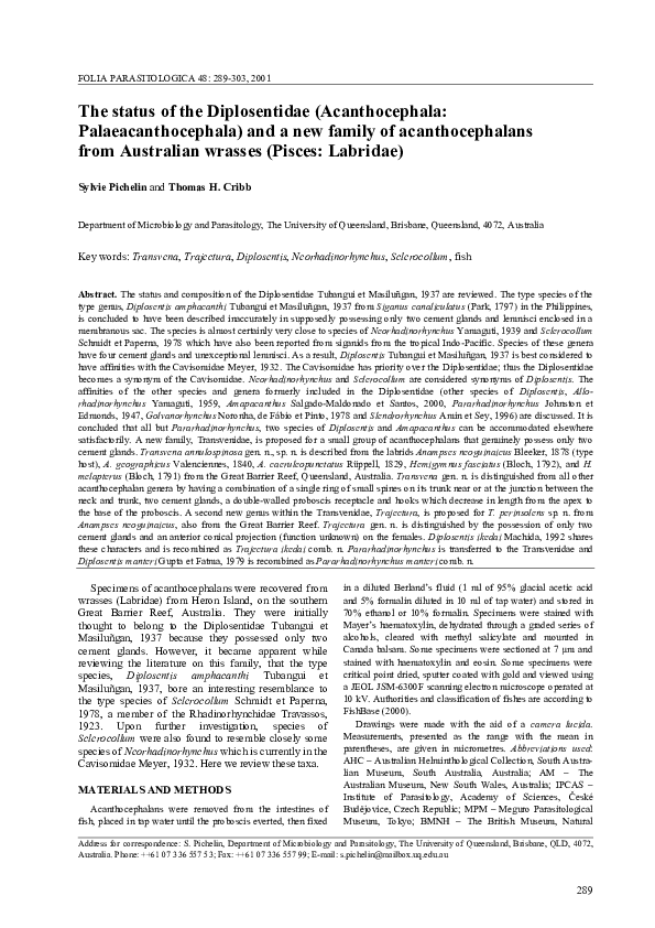 (PDF) The status of the Diplosentidae (Acanthocephala ...