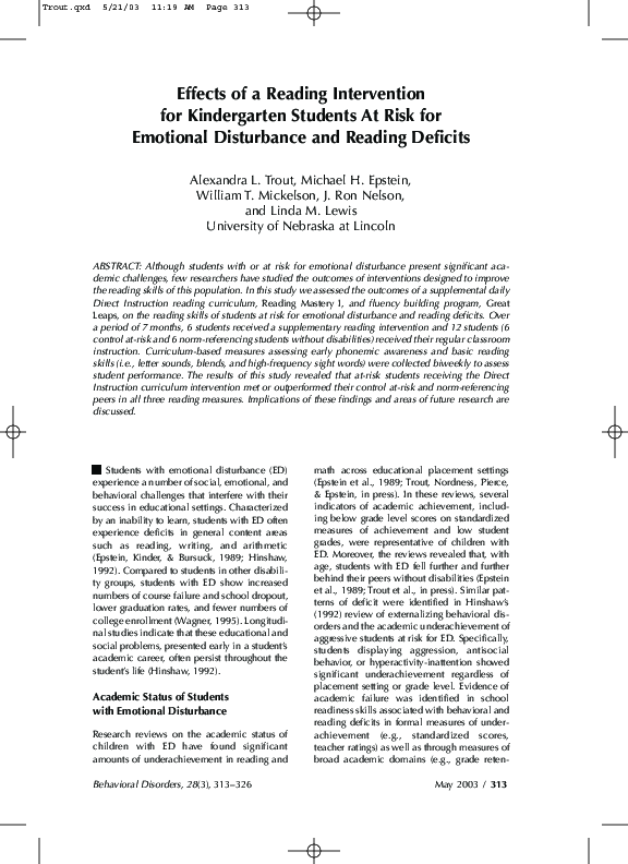 (PDF) Effects of a Reading Intervention for Kindergarten Students at ...