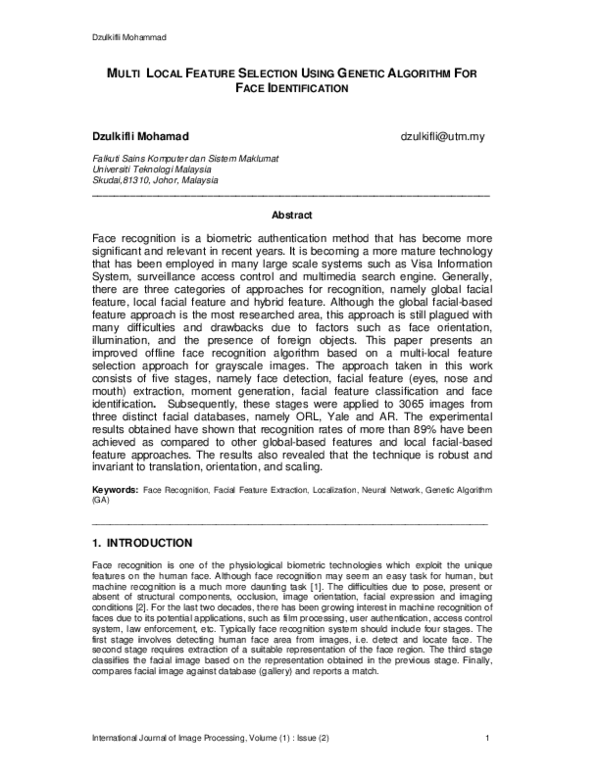 Pdf Multi Local Feature Selection Using Genetic Algorithm For Face Identification
