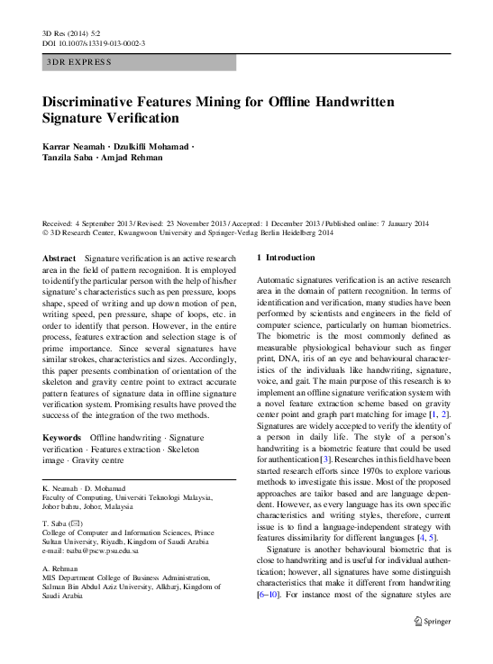 (PDF) Discriminative Features Mining for Offline Handwritten Signature Verification