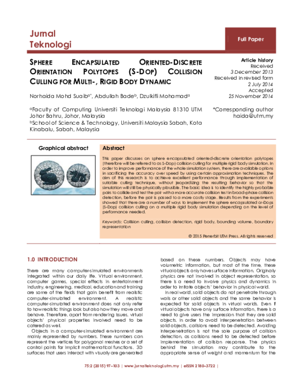 (PDF) Sphere Encapsulated Oriented-Discrete Orientation Polytopes (S-Dop) Collision Culling for ...