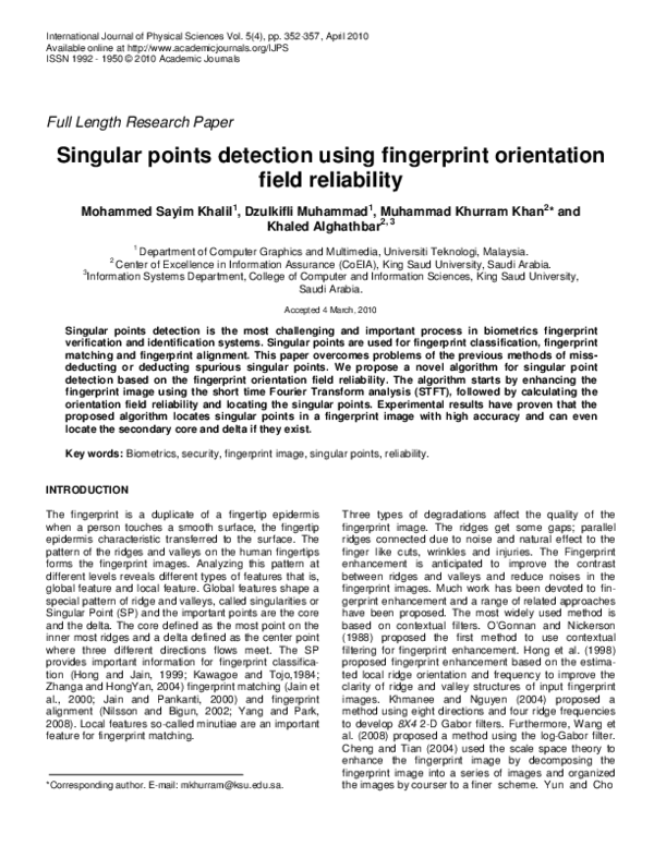 (PDF) Singular points detection using fingerprint orientation field reliability | dzulkifli ...