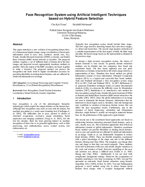 Pdf Face Recognition System Using Artificial Intelligent Techniques Based On Hybrid Feature
