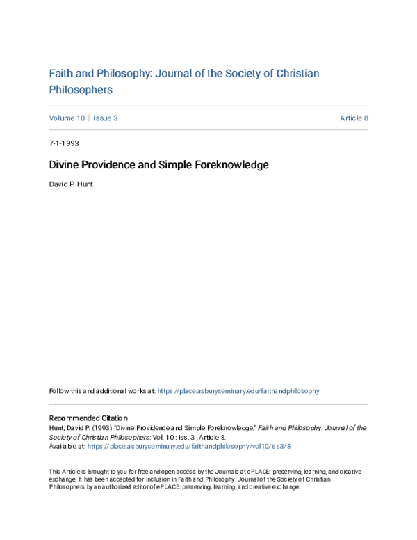 (PDF) Divine Providence and Simple Foreknowledge