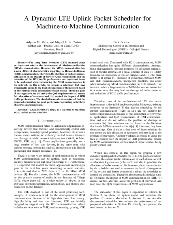 Pdf A Dynamic Lte Uplink Packet Scheduler For Machine To Machine Communication