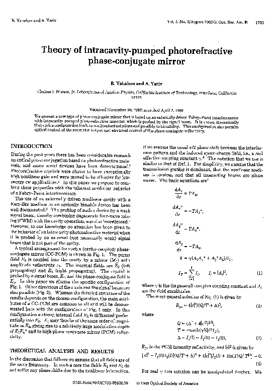 (PDF) Theory of intracavity-pumped photorefractive phase-conjugate mirror