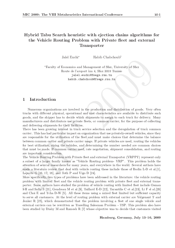 Pdf Hybrid Tabu Search Heuristic With Ejection Chains Algorithms For The Vehicle Routing