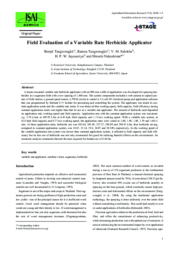 (PDF) Field Evaluation of a Variable Rate Herbicide Applicator