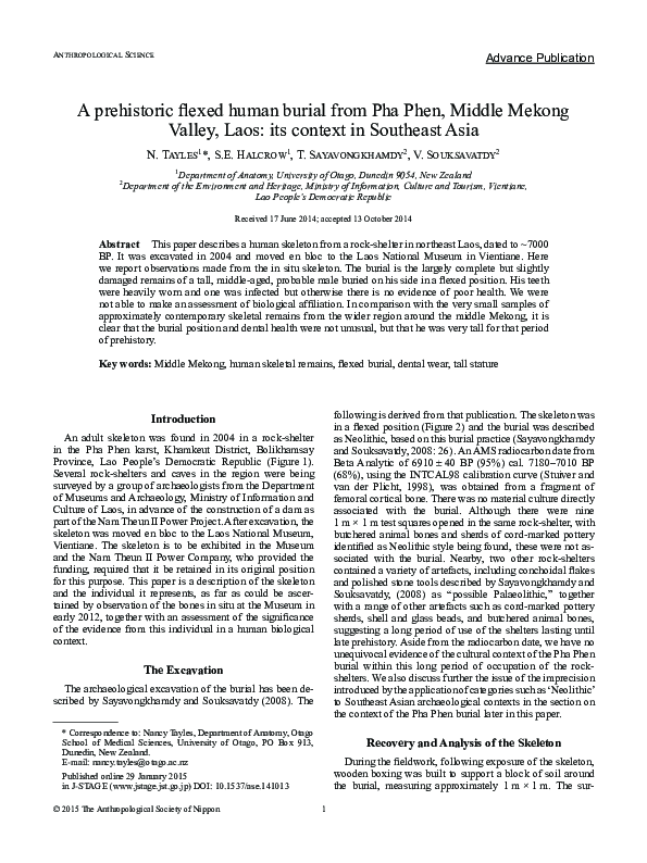 (PDF) Pha Phen Man'; an early Neolithic skeleton from Laos, Nancy Tayles, Siân Ellen Halcrow ...