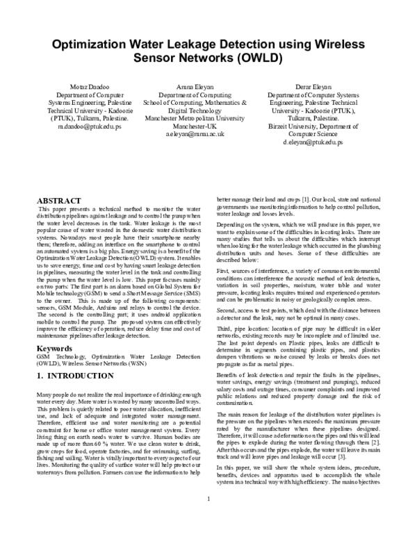 (PDF) Optimization Water Leakage Detection using Wireless Sensor Networks (OWLD) | Derar Eleyan ...
