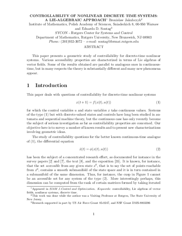Pdf Erratum Controllability Of Nonlinear Discrete Time Systems A Lie Algebraic Approach