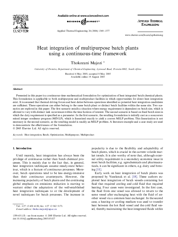 Pdf Heat Integration Of Multipurpose Batch Plants Using A Continuous Time Framework