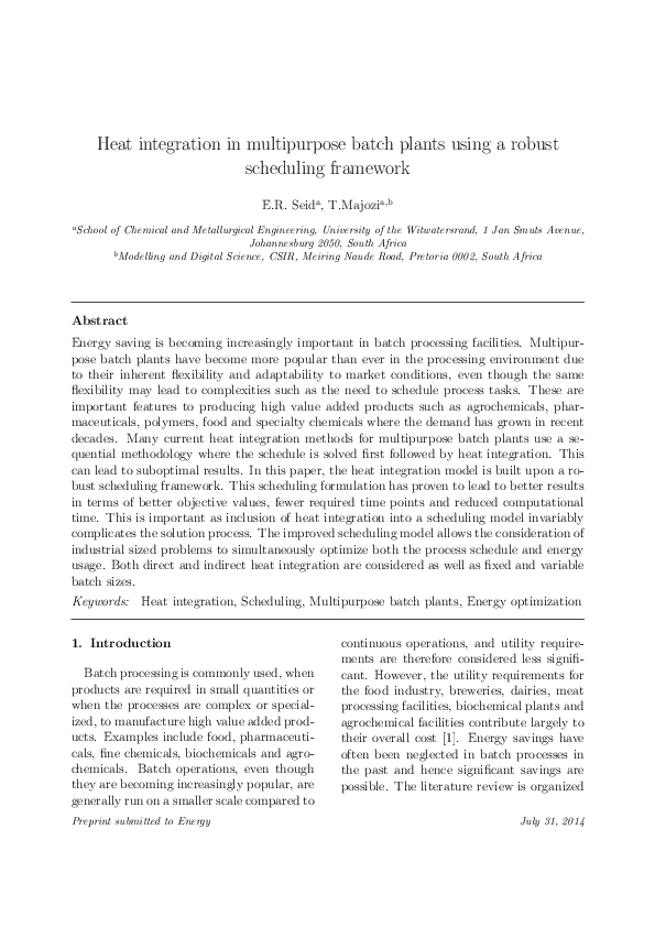 (PDF) Heat integration in multipurpose batch plants using a robust scheduling framework