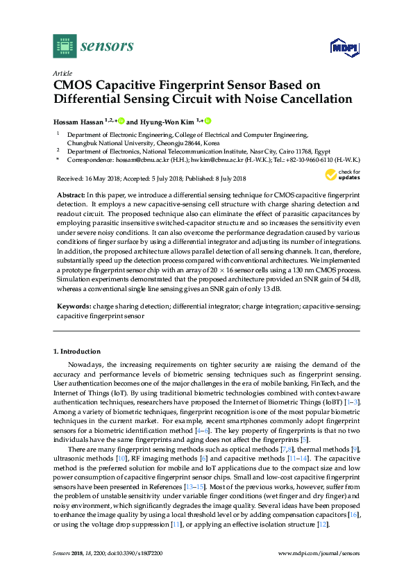 Pdf Cmos Capacitive Fingerprint Sensor Based On Differential Sensing Circuit With Noise