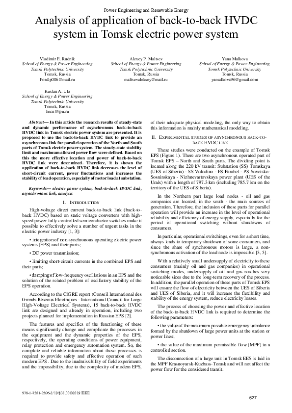 (PDF) Analysis of application of back-to-back HVDC system in Tomsk ...