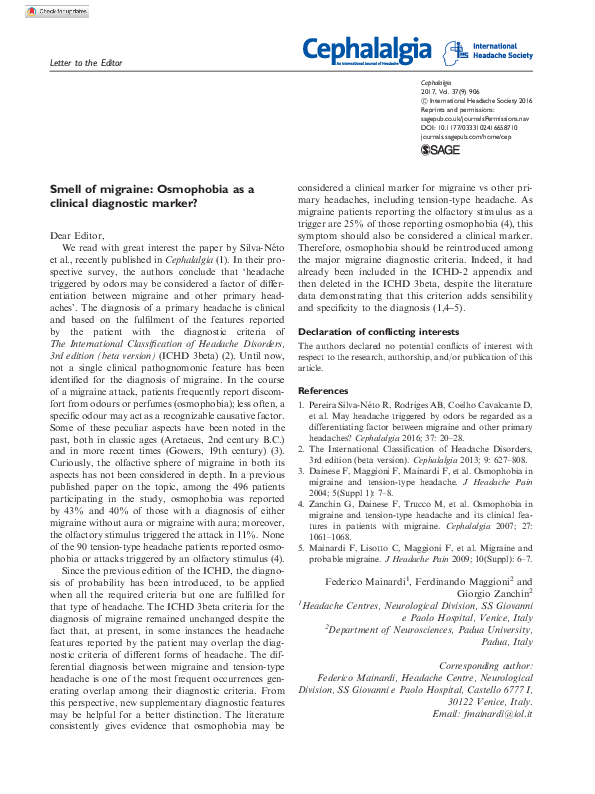 (PDF) Smell of migraine: Osmophobia as a clinical diagnostic marker?