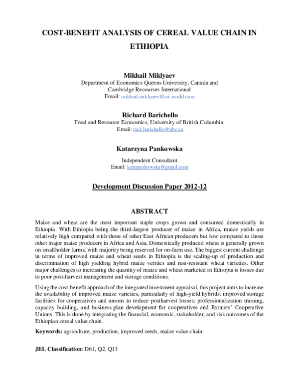 (PDF) COST-BENEFIT ANALYSIS OF CEREAL VALUE CHAIN IN ETHIOPIA