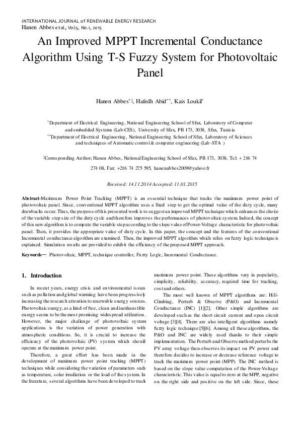 Pdf An Improved Mppt Incremental Conductance Algorithm Using T S Fuzzy System For Photovoltaic