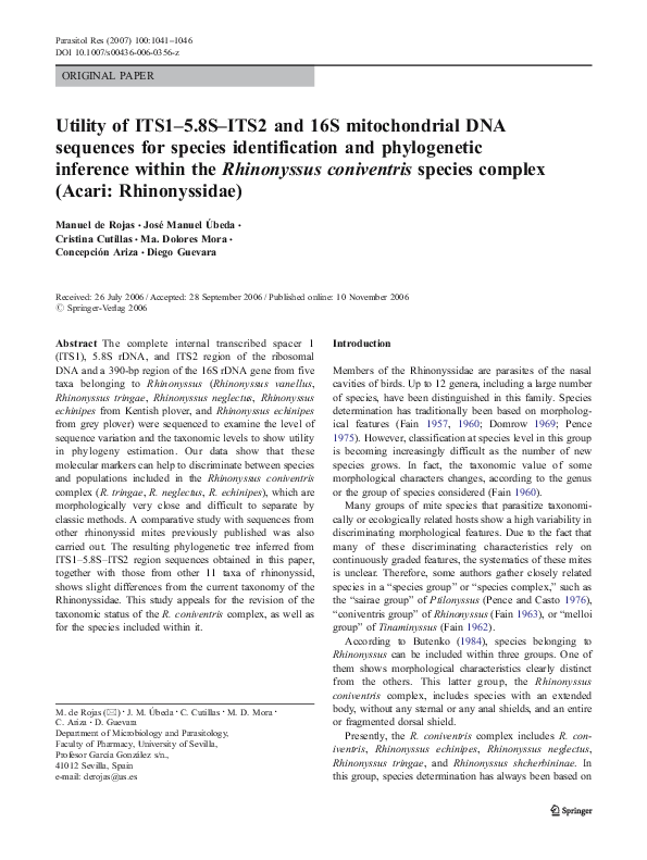 (PDF) Utility of ITS1 5.8 S ITS2 and 16S Mitochondrial DNA Sequences ...
