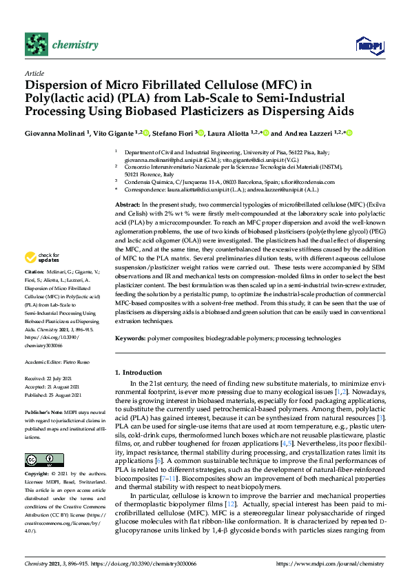 (PDF) Dispersion of Micro Fibrillated Cellulose (MFC) in Poly(lactic ...