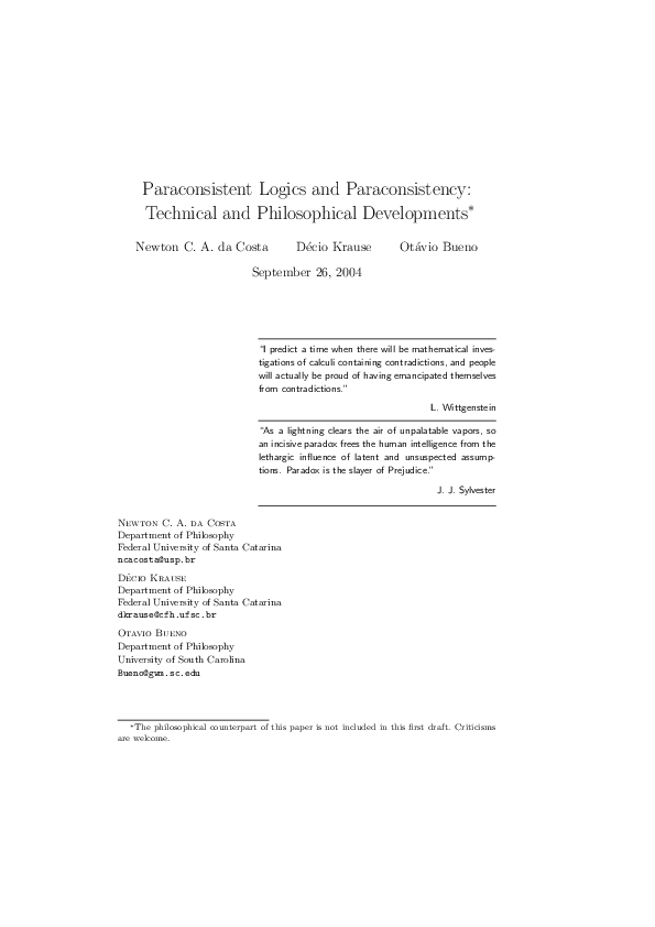 (PDF) Paraconsistent logics and paraconsistency: Technical and philosophical developments