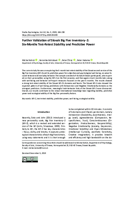 Pdf Further Validation Of Slovak Big Five Inventory 2 Six Months