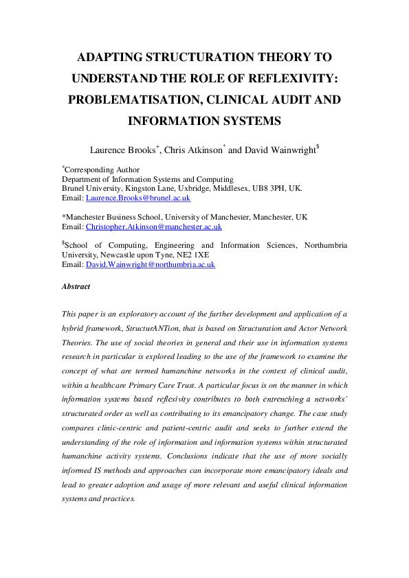 (PDF) Adapting Structuration Theory to understand the role of reflexivity: Problematization ...