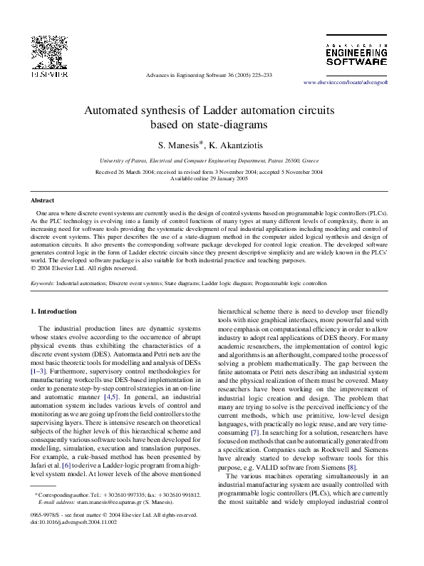 Pdf Automated Synthesis Of Ladder Automation Circuits Based On State Diagrams