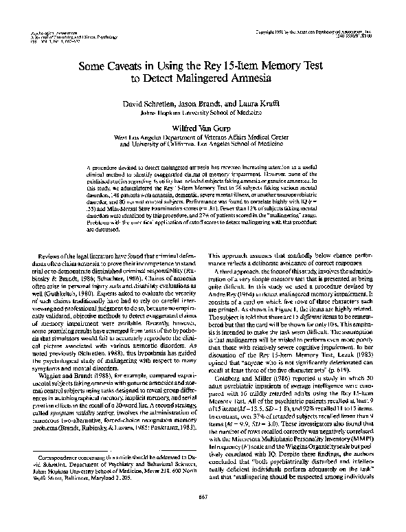 (PDF) Some caveats in using the Rey 15-Item Memory Test to detect ...
