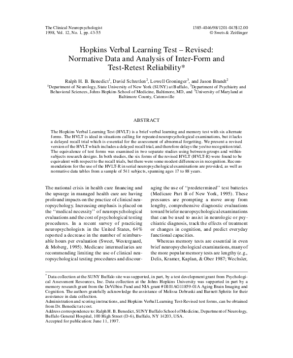 (PDF) Hopkins Verbal Learning Test ? Revised: Normative Data and ...