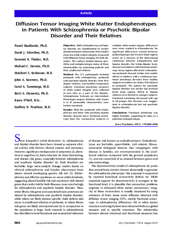 (PDF) Diffusion Tensor Imaging White Matter Endophenotypes in Patients ...