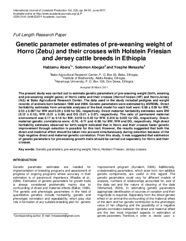 (PDF) Genetic parameter estimates of pre-weaning weight of Horro (Zebu ...
