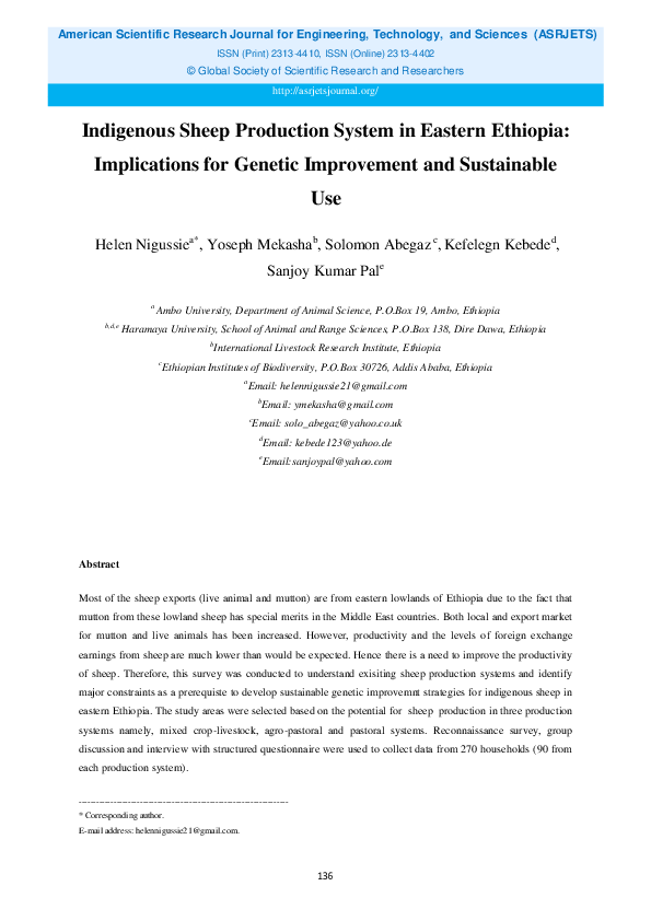 (PDF) Indigenous Sheep Production System in Eastern Ethiopia: Implications for Genetic ...